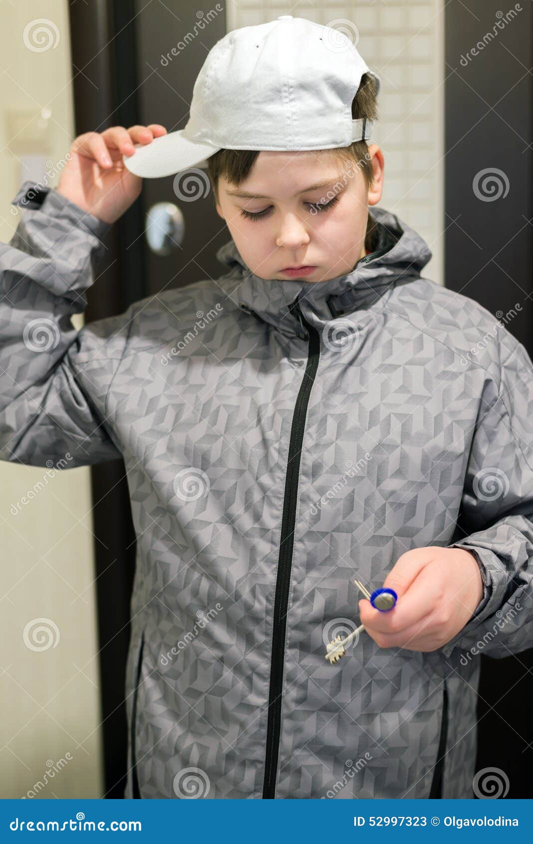 Boy Standing at Front Door of the House Stock Image - Image of child ...