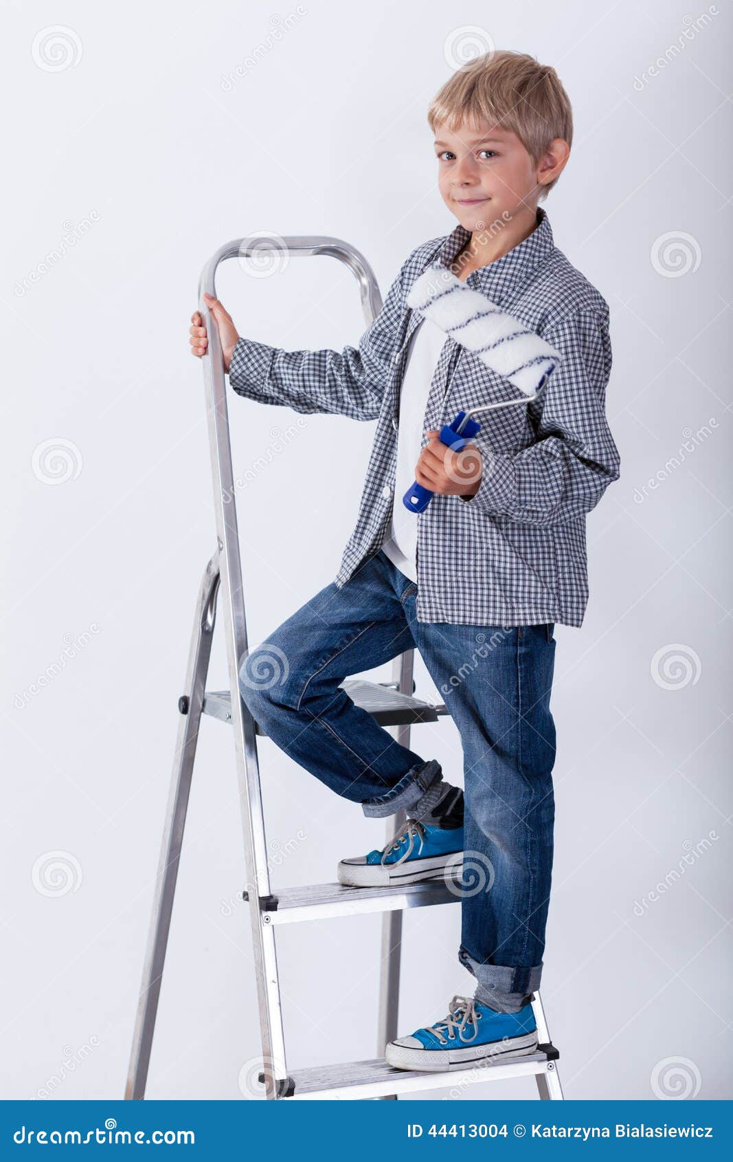 Boy Standing on the Ladder with Paint Roller Stock Photo - Image of ...