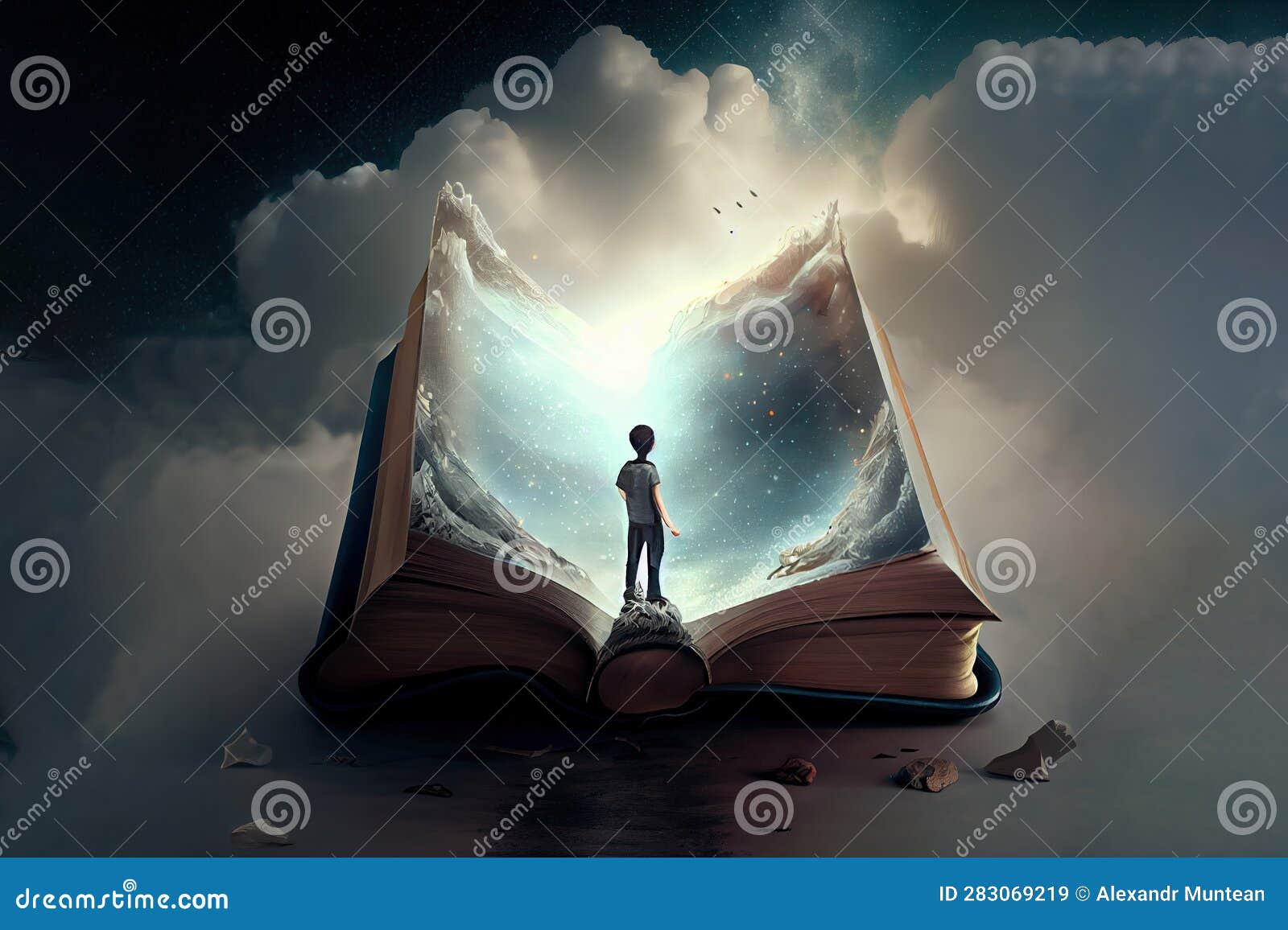 Boy Standing on the Opened Giant Book with Fantasy. Stock Illustration ...