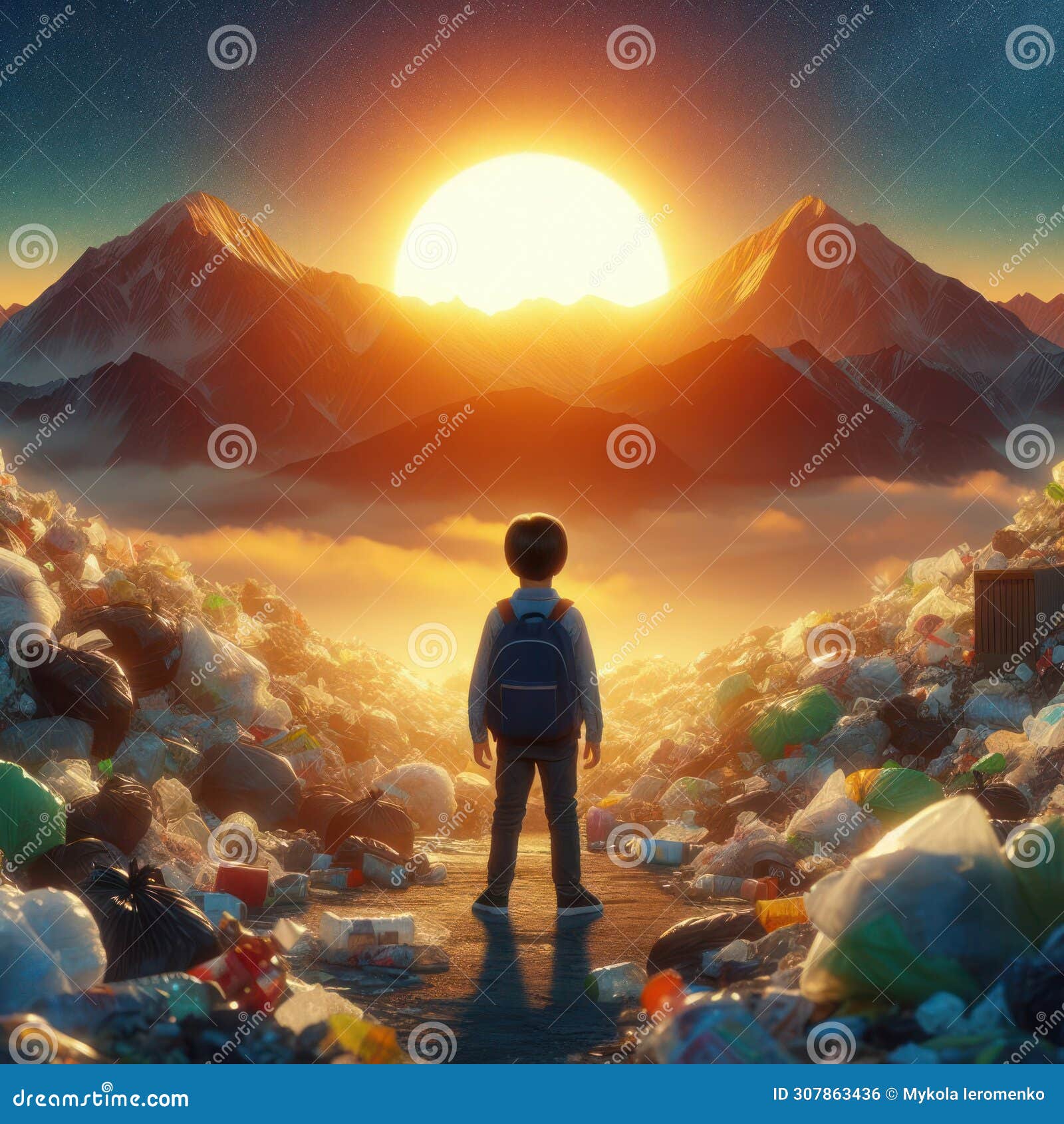 A Boy Standing Surrounded by Garbage Against the Background of ...