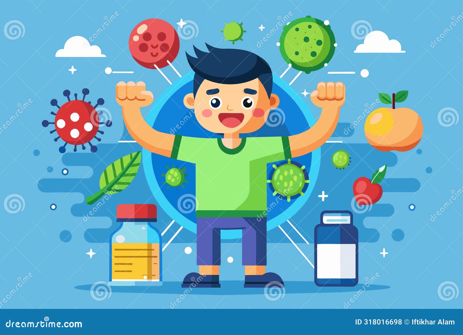 A Boy Stands with Hands Raised in Front of a Blue Background, Boost ...