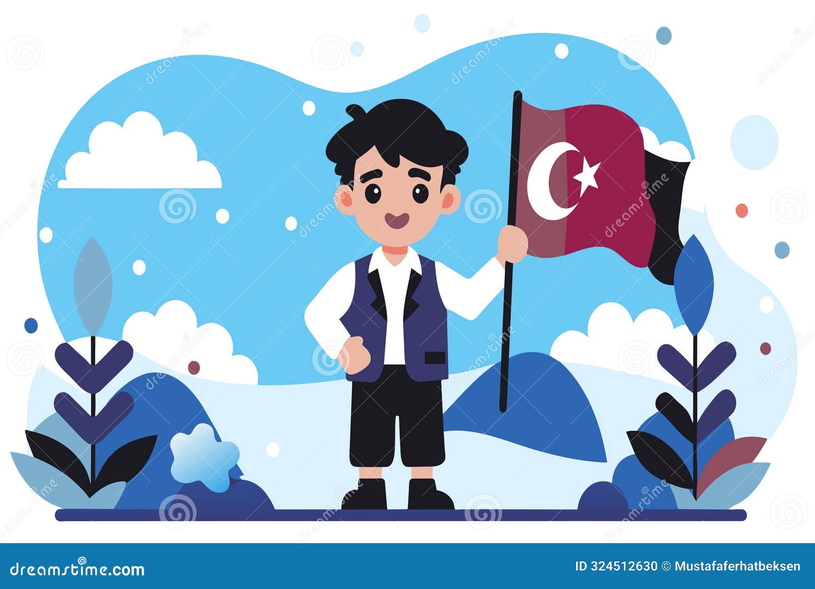 A Boy Stands in the Snow, Holding a Flag with Determination and Pride ...