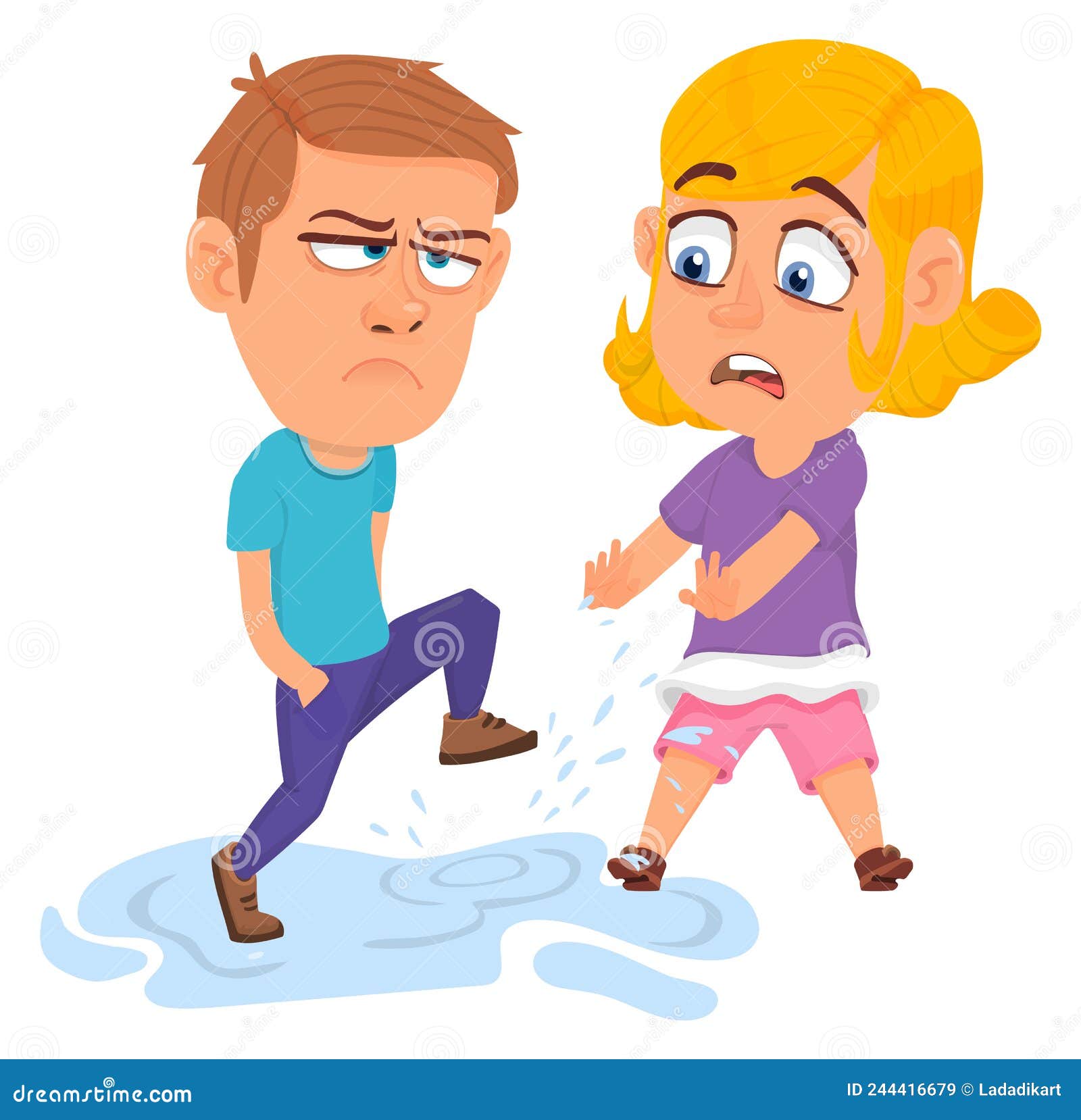 Boy Stomping In Puddle And Making Splash. Kid Bad Behavior Cartoon ...