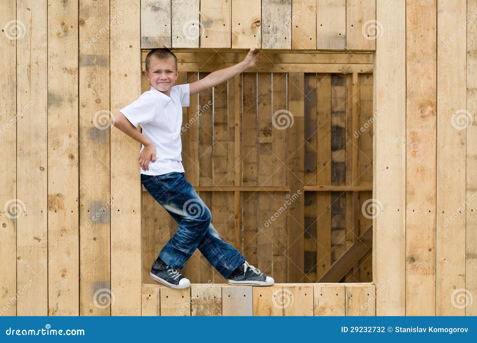 Boy Stood in the Window Opening Stock Photo - Image of portrait, house ...
