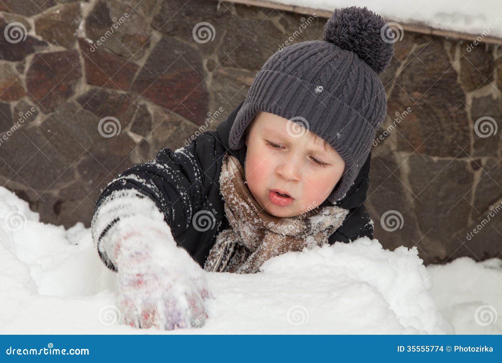 Boy stuck in snow stock photo. Image of single, child - 35555774