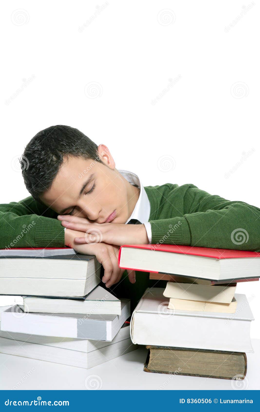 Boy Student Sleeping Over Stack Books Over Desk Stock Photo - Image of ...