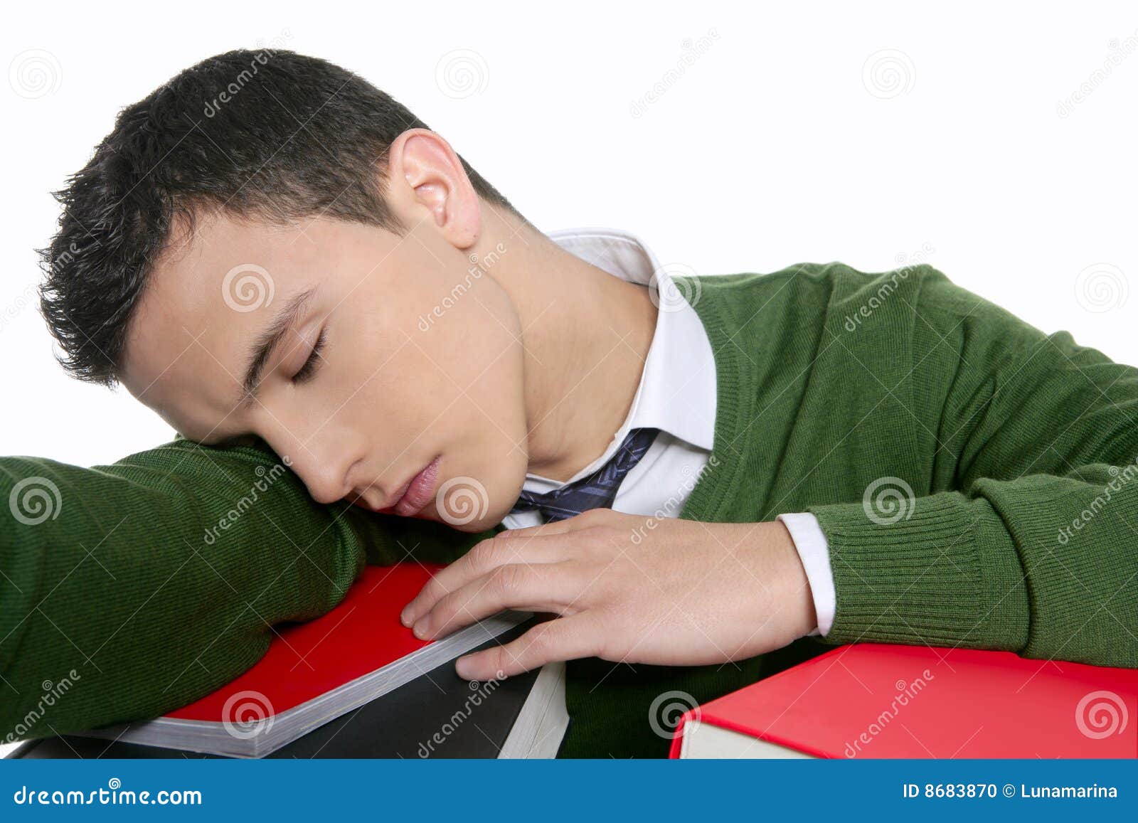 Boy Student Sleeping Over Stack Books Over Desk Stock Photo - Image of ...