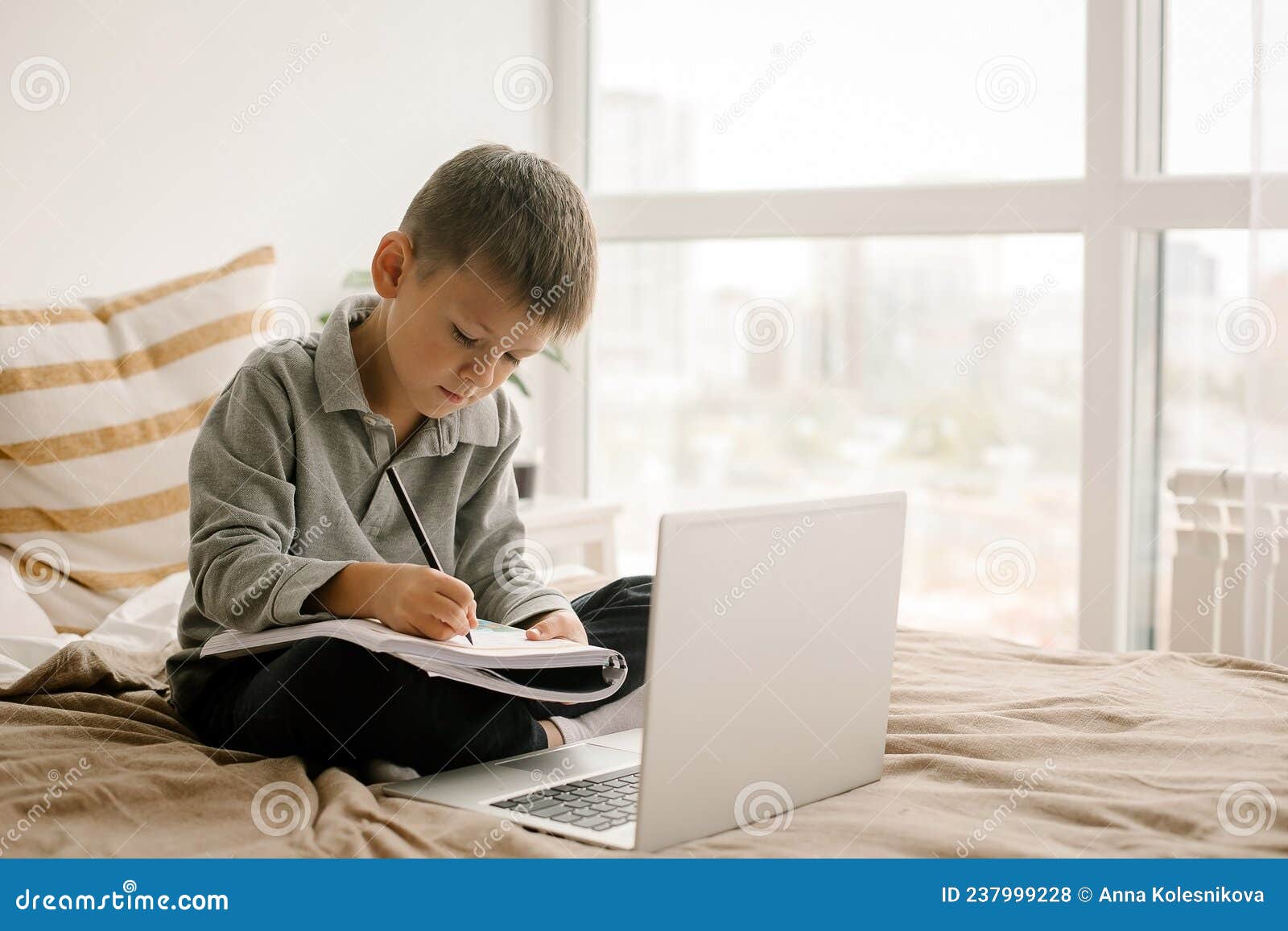 Boy Studying from Home Using Laptop for Distance Study. Cute Boy ...