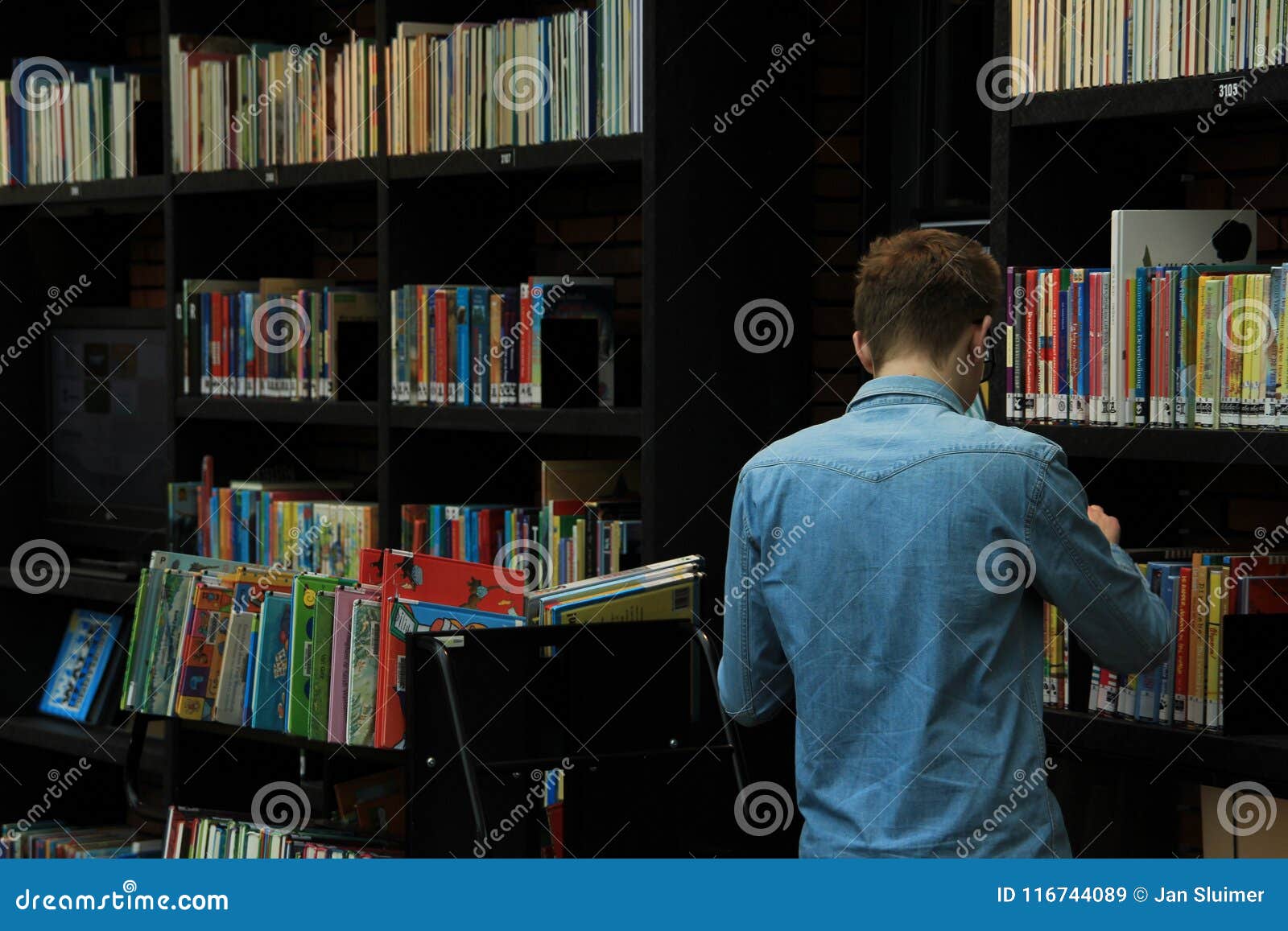 The Boy, Student, is Working and Put the Book Back in the Bookcase in ...