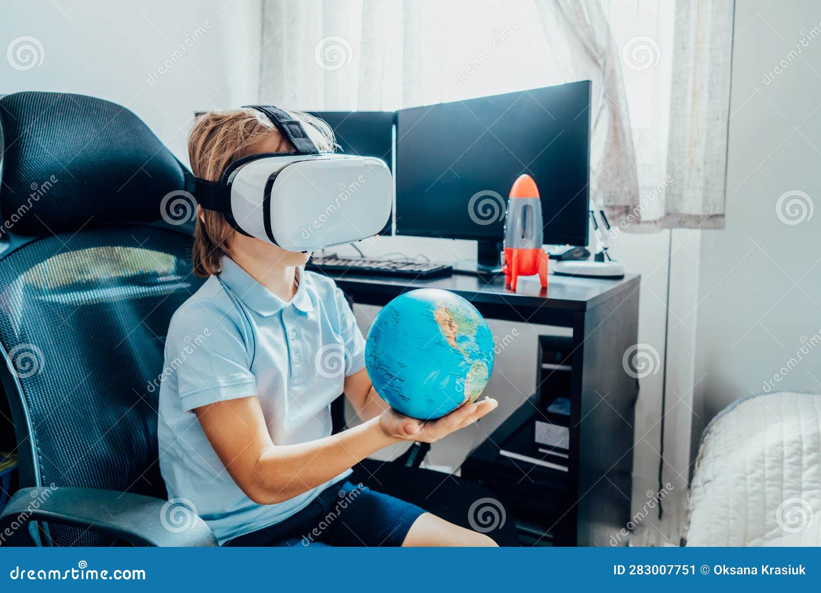 Boy Studies Space with Help of Technology and App. Kid in Virtual Reality Headset Learning Solar ...