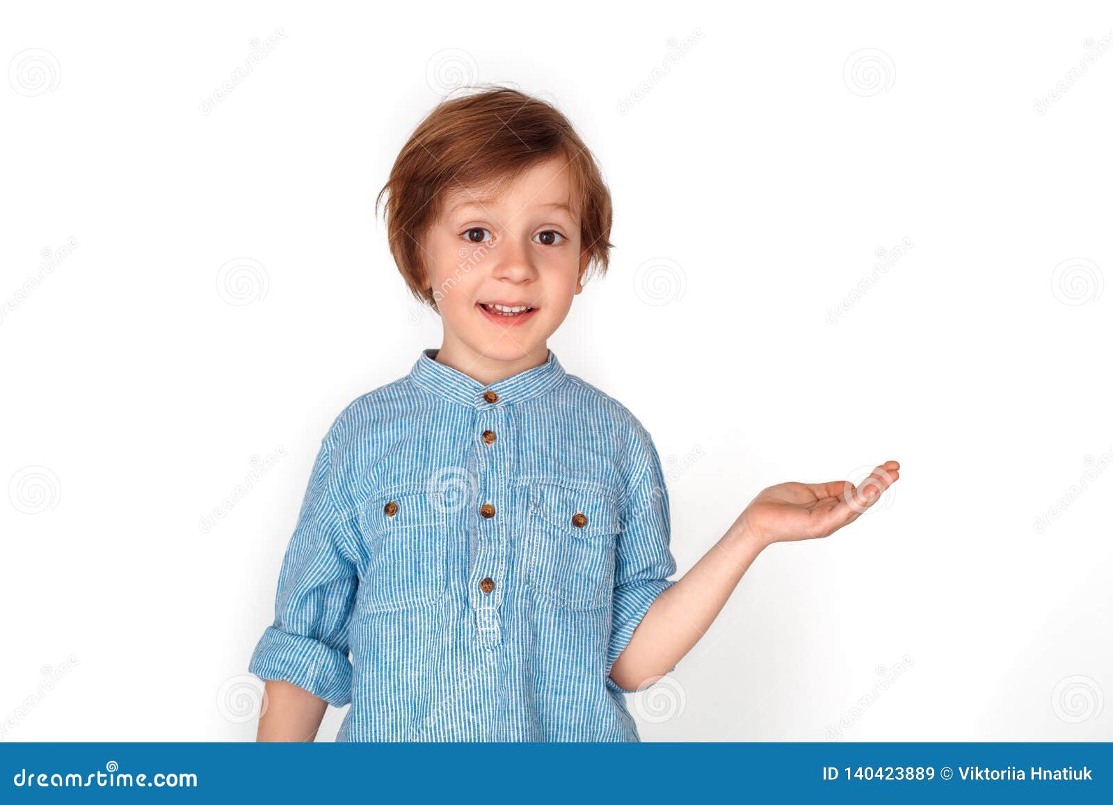 Boy Studio Standing Isolated on Grey Showing Space Aside Looking Camera ...