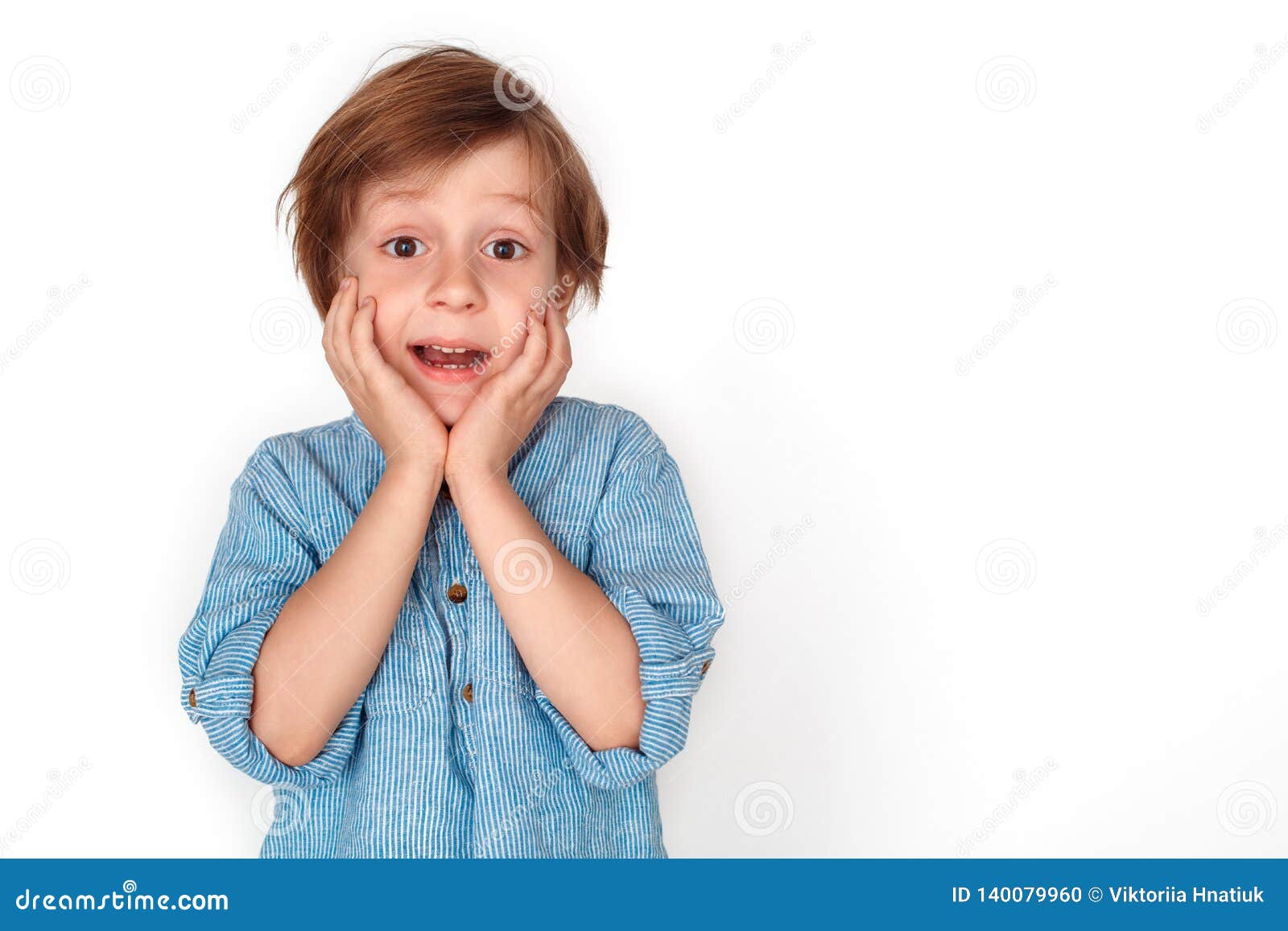 Boy Studio Standing Isolated on Grey Touching Face Looking Camera ...