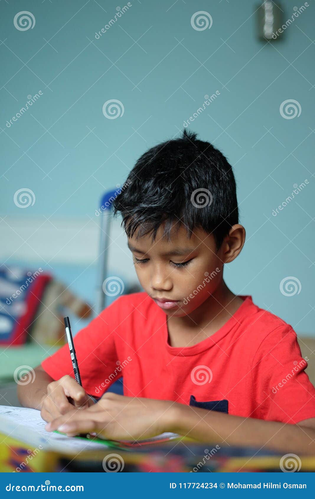 A boy study at his bedroom stock photo. Image of kids - 117724234