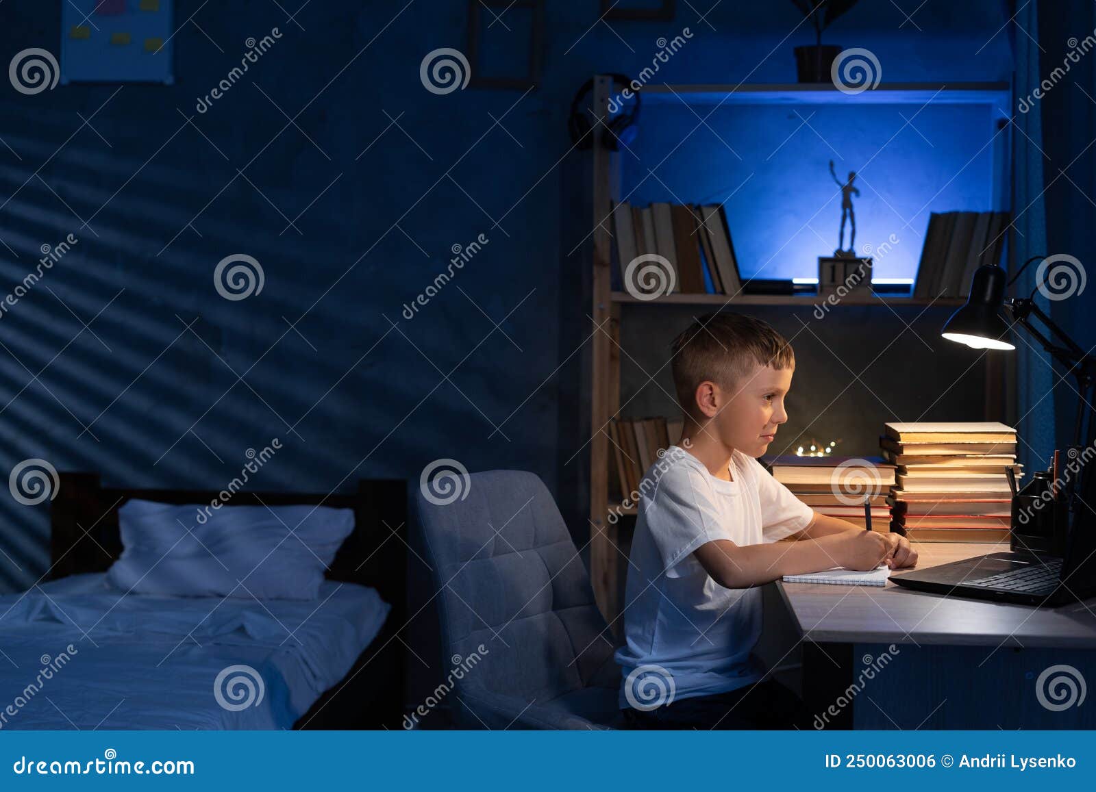 Boy Studying at Home at Night Using Laptop, Student Doing Homework Late ...