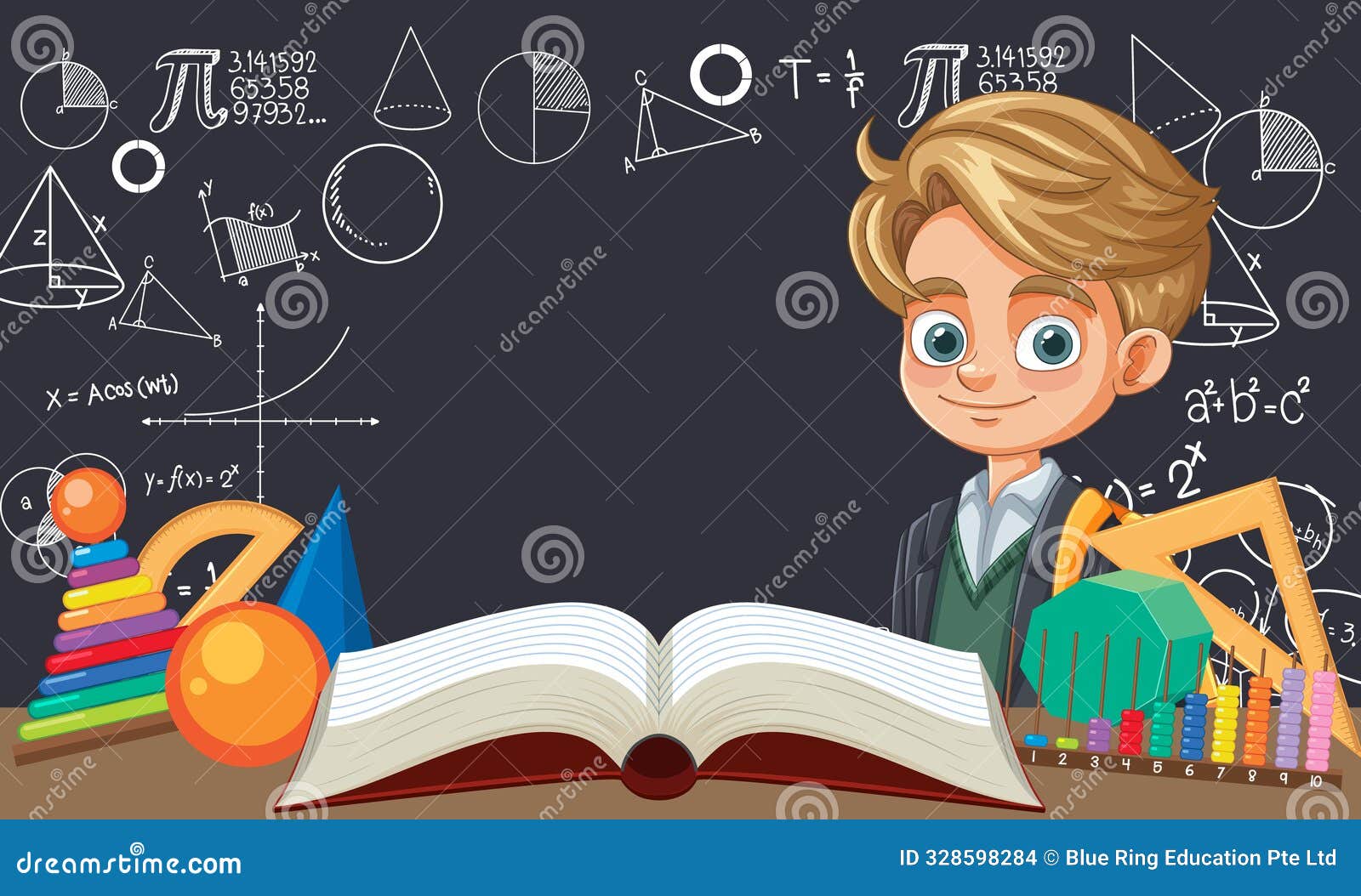 Boy Studying Math with Educational Tools Stock Illustration - Illustration of math ...