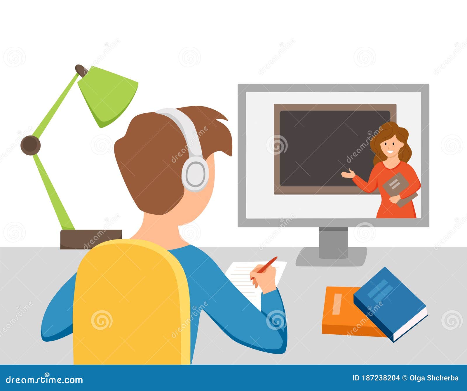 Boy Studying Online Education at Home Cartoon Vector Illustration ...