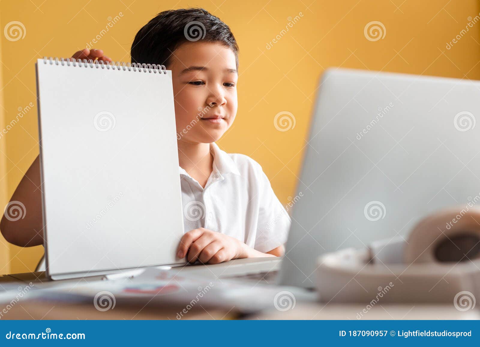 Boy Studying Online with Notepad and Stock Image - Image of asian, home ...