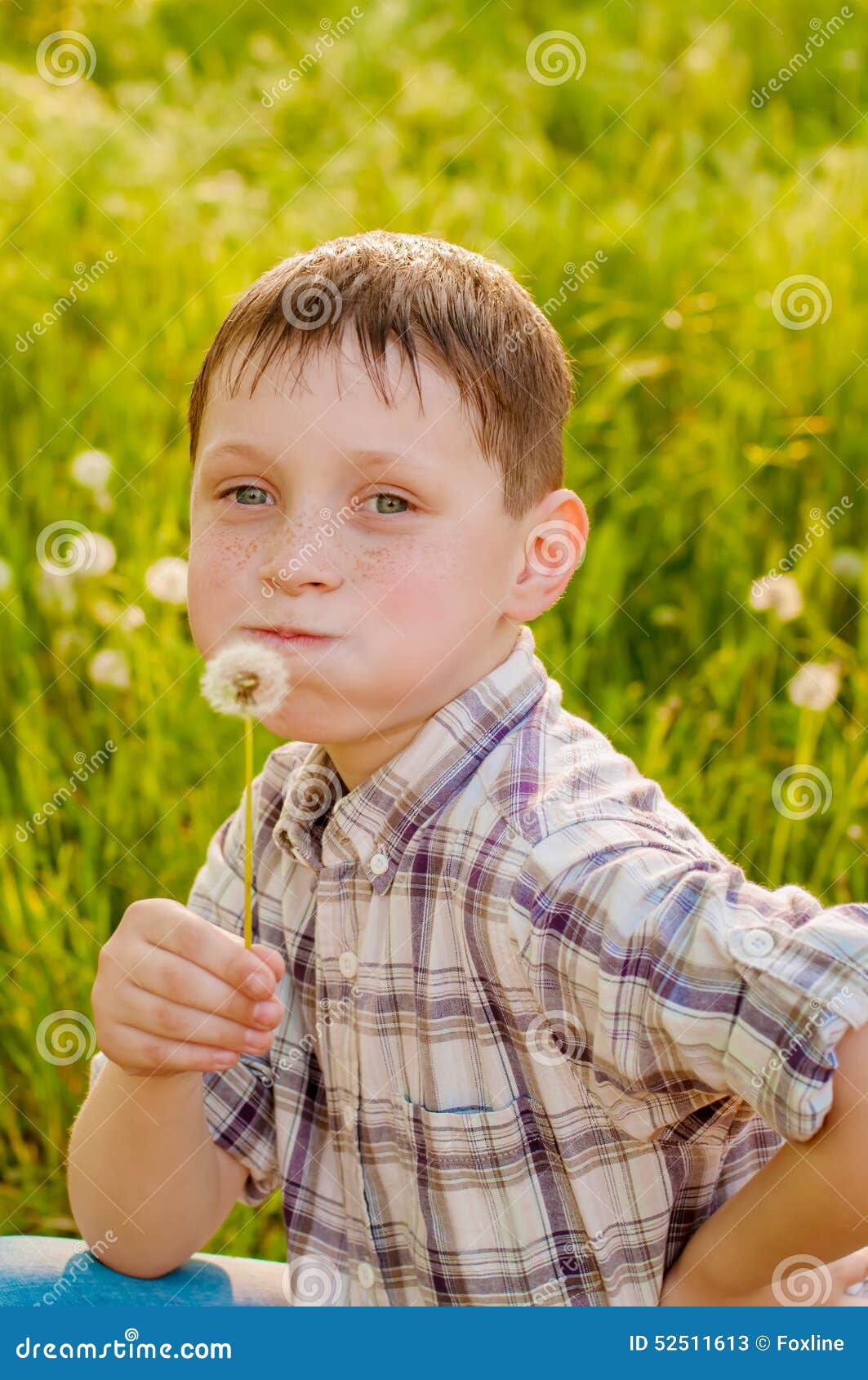 Boy on Summer Nature with Dandelions Stock Image - Image of meadow ...