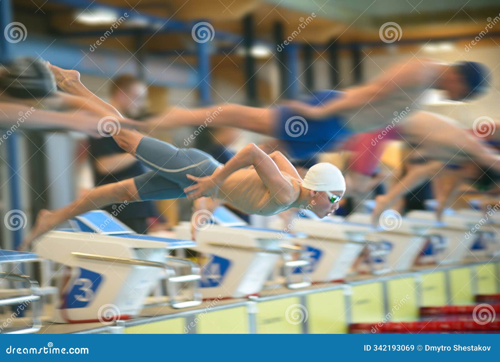 Boy Swimmers Start from the Starting Table in the Pool Stock Image ...