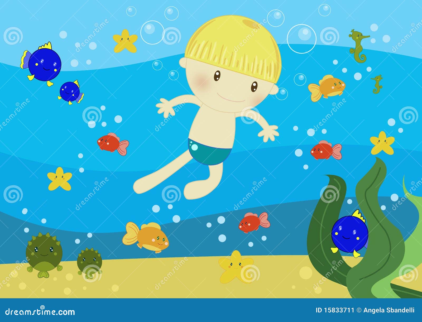 Boy swimming in the ocean stock illustration. Illustration of artistic ...