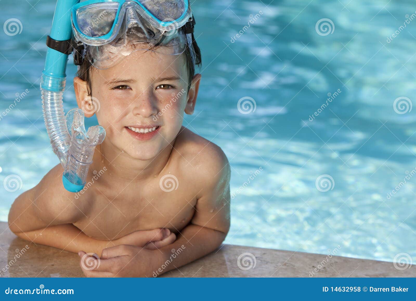 Boy in Swimming Pool with Blue Goggles & Snorkel Stock Photo - Image of ...