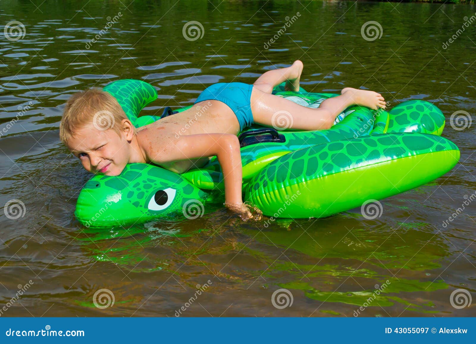 Boy Swimming in the River with Inflatable Tur Stock Image - Image of ...