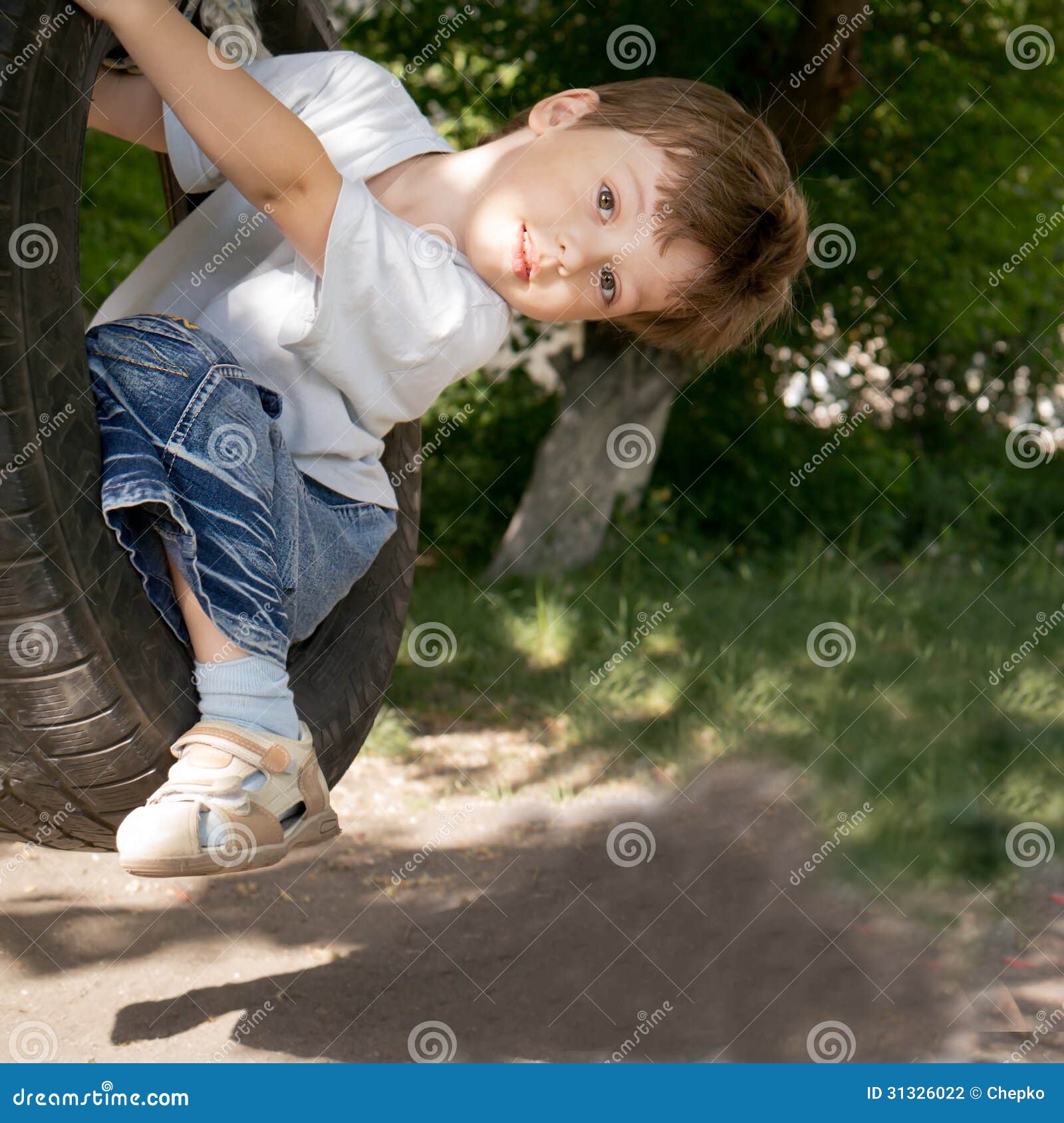 Boy on swing stock photo. Image of little, enjoyment - 31326022