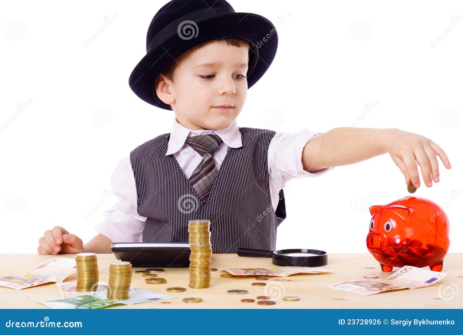 Boy at the Table Counts Money Stock Photo - Image of rich, isolated ...