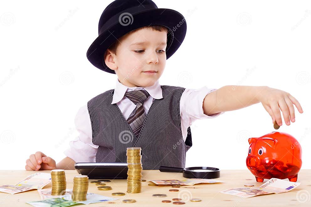 Boy at the Table Counts Money Stock Photo - Image of rich, isolated ...