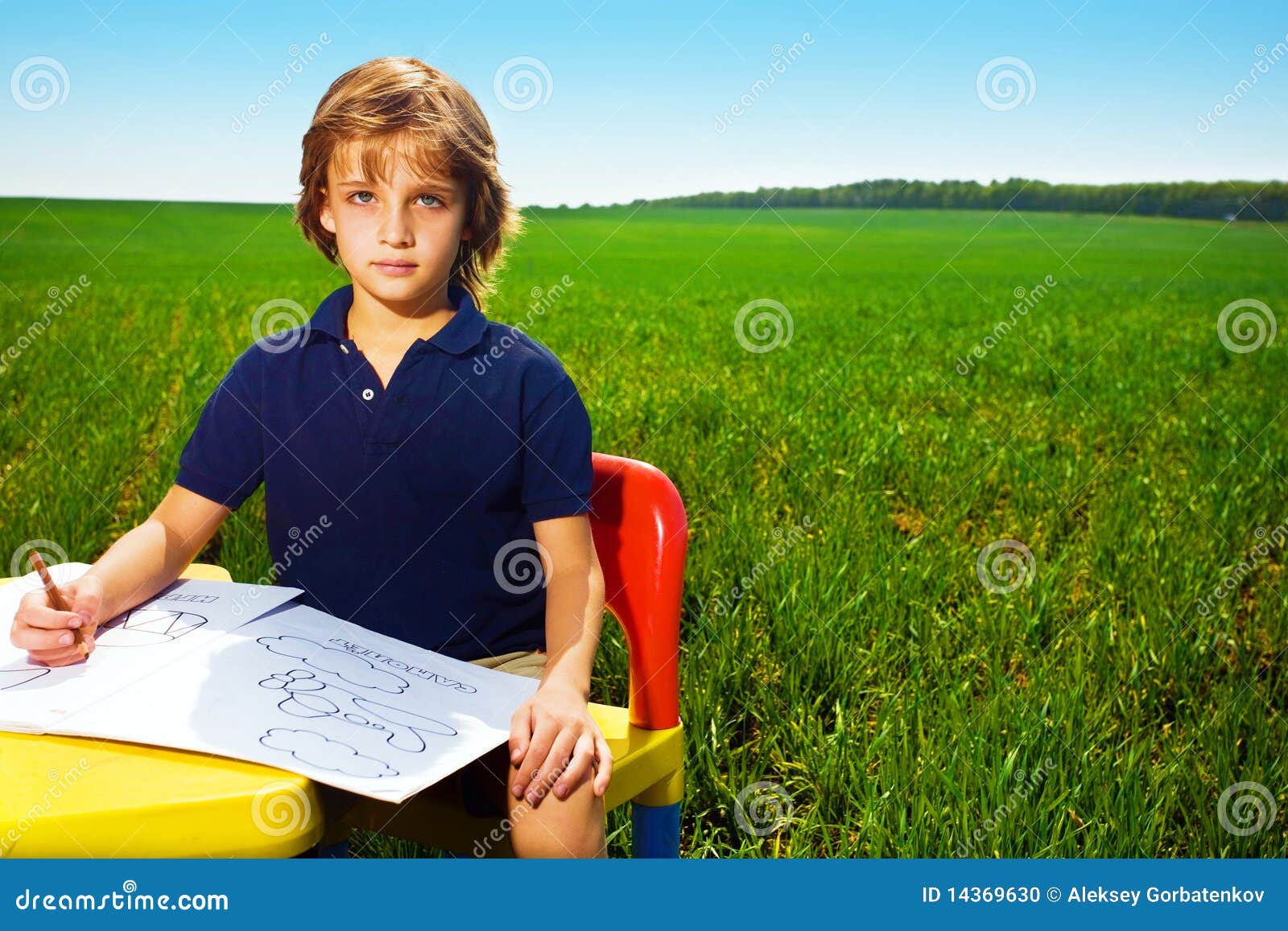 Boy at table in field stock photo. Image of blue, cute - 14369630