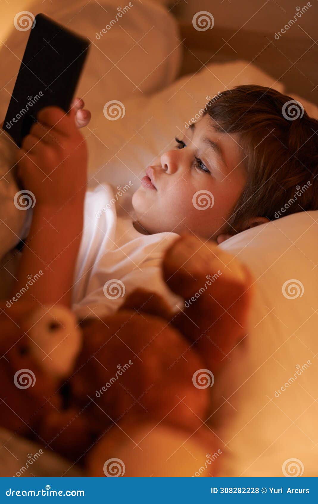 Boy, Tablet and Bedroom with Night, Connection and Technology for ...