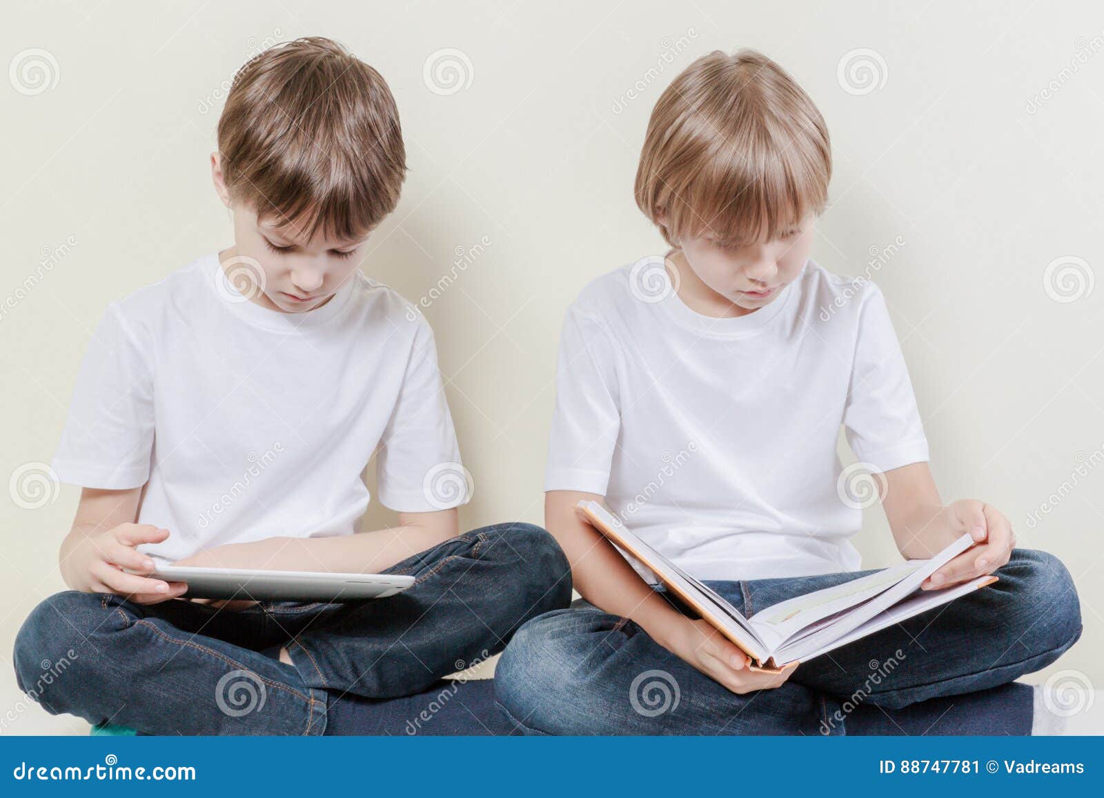 Boy with Tablet Computer and Kid Reading a Book. Kids Education Leisure ...