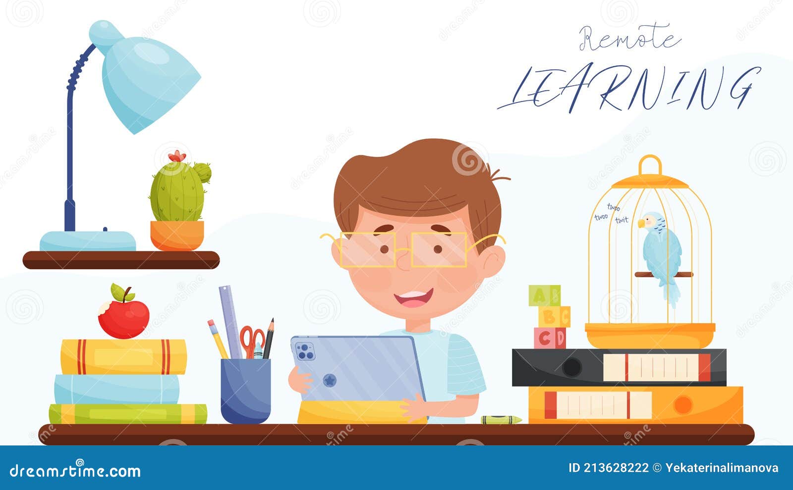 Boy with Tablet Sitting by the Table. Online Learning Stock Vector ...