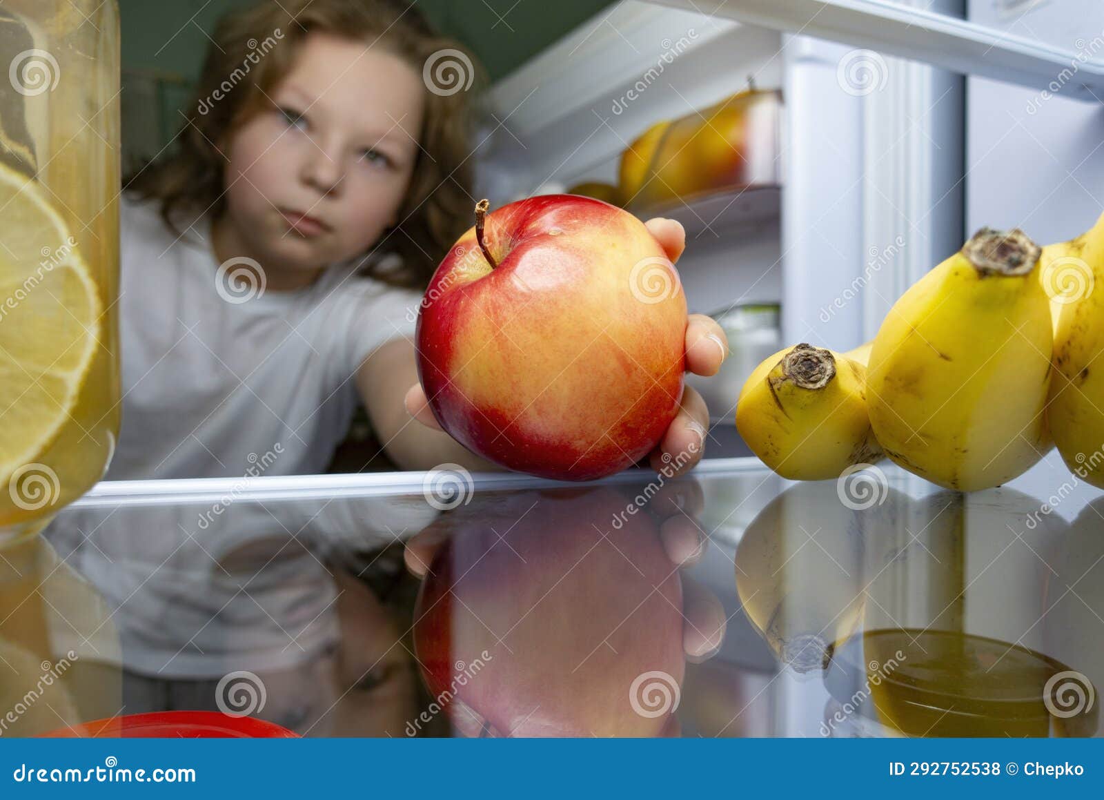 Boy Taking Apple Out of Fridge, Childrreen Diet Concept Stock Photo ...