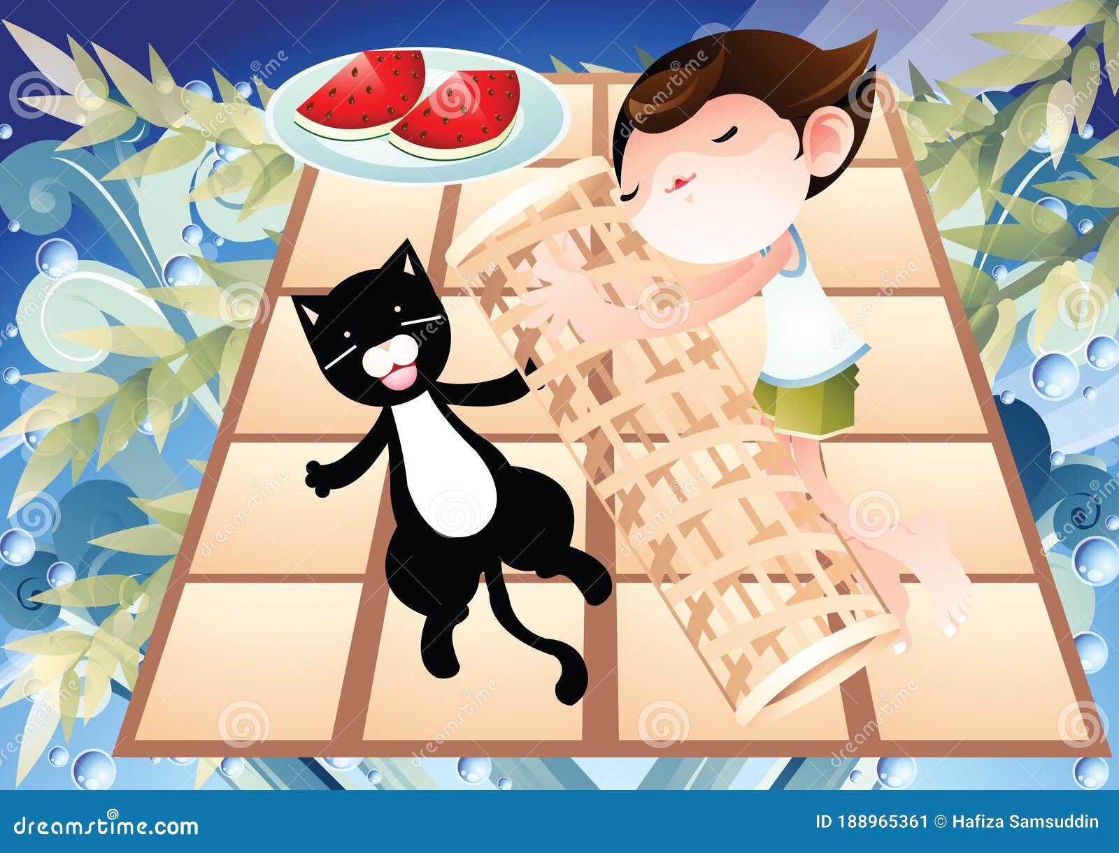 Boy Taking a Nap with Cat. Vector Illustration Decorative Design Stock ...