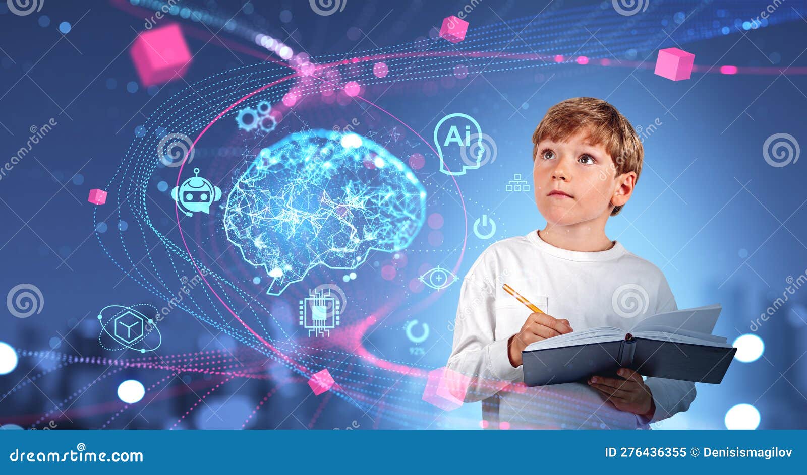Boy Taking Notes, Digital AI Brain Hologram with Icons and Data Stock ...