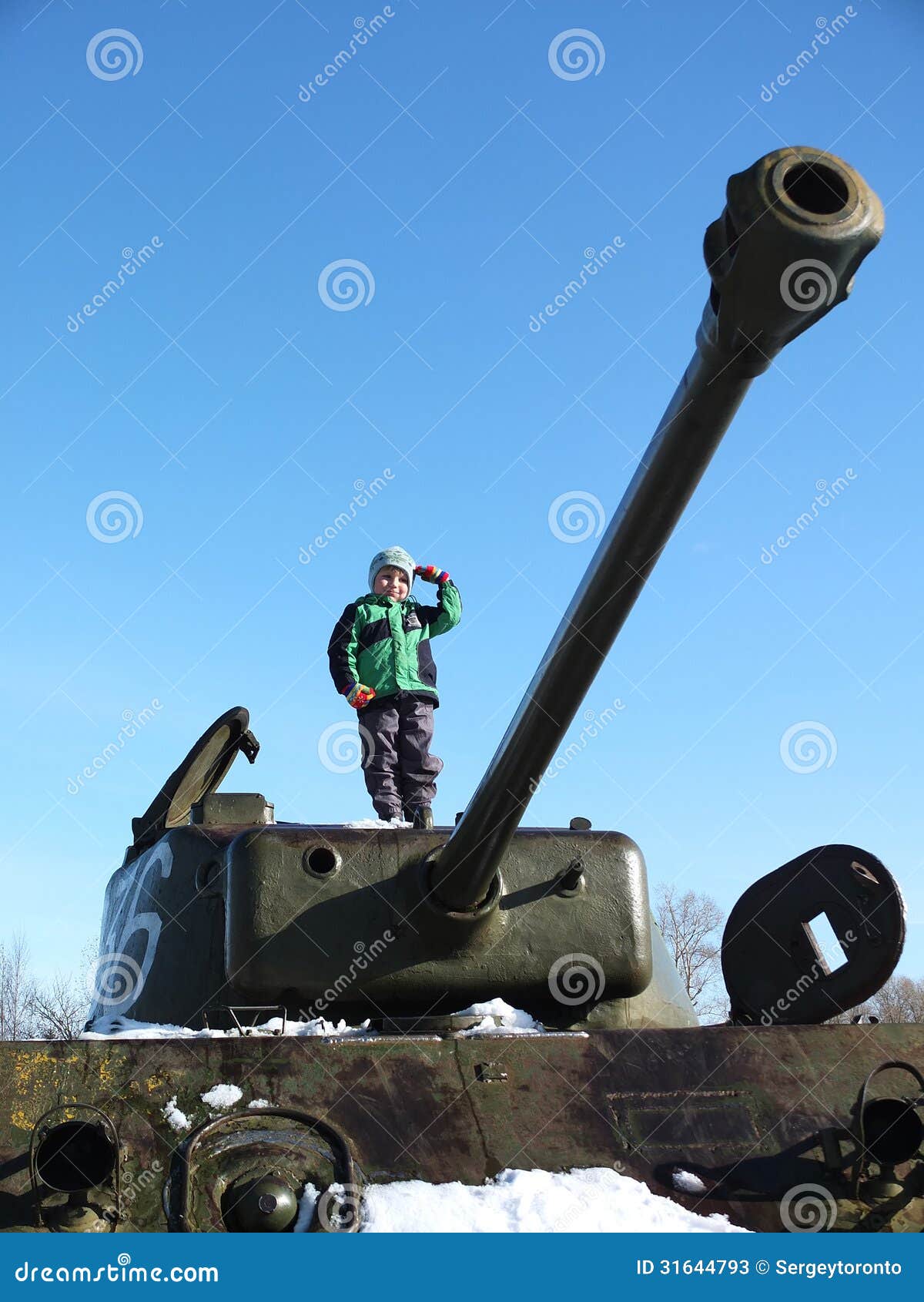 Boy on the tank stock image. Image of army, world, track - 31644793