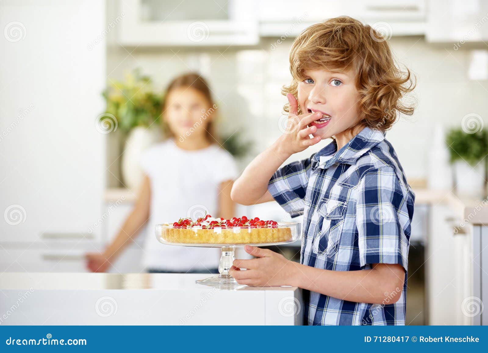 Boy Tasting from Cake at Birthday Stock Image - Image of kitchen, fresh ...