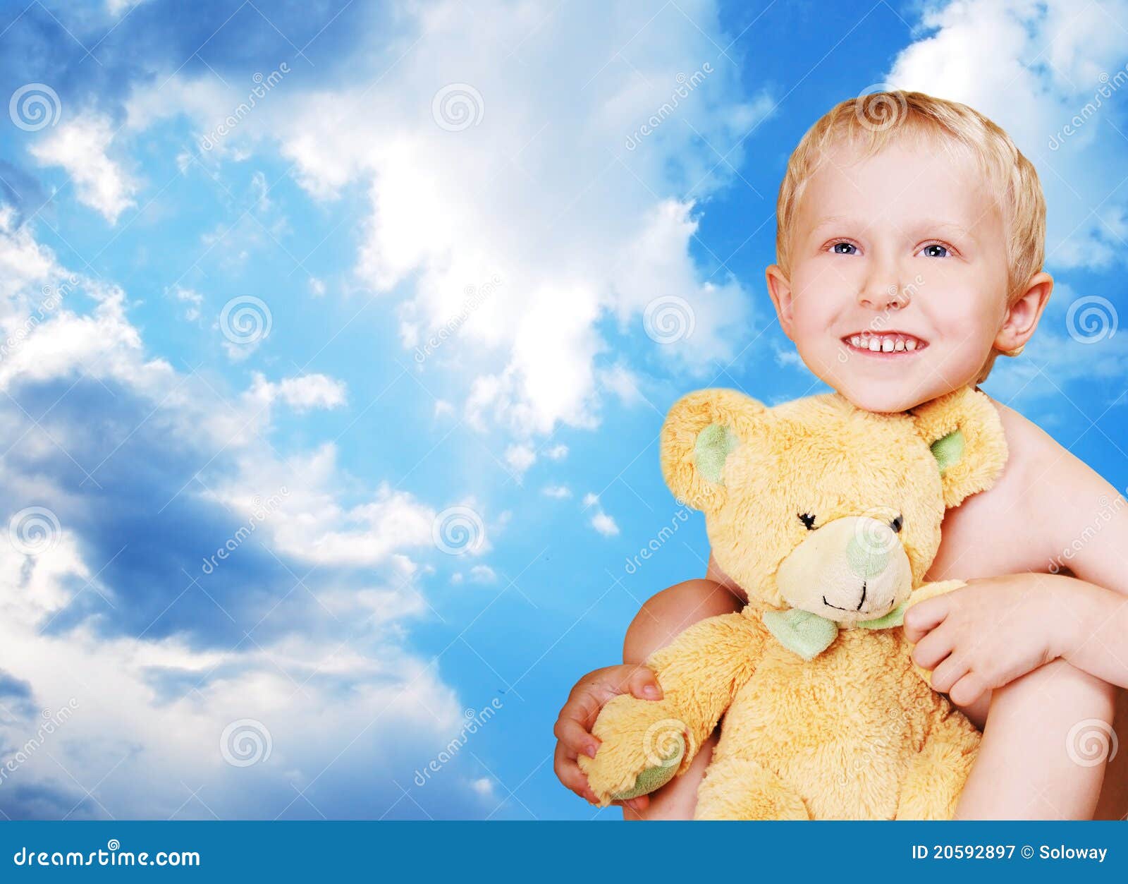 Boy with Teddy Bear on Blue Sky Stock Image - Image of smile, child ...