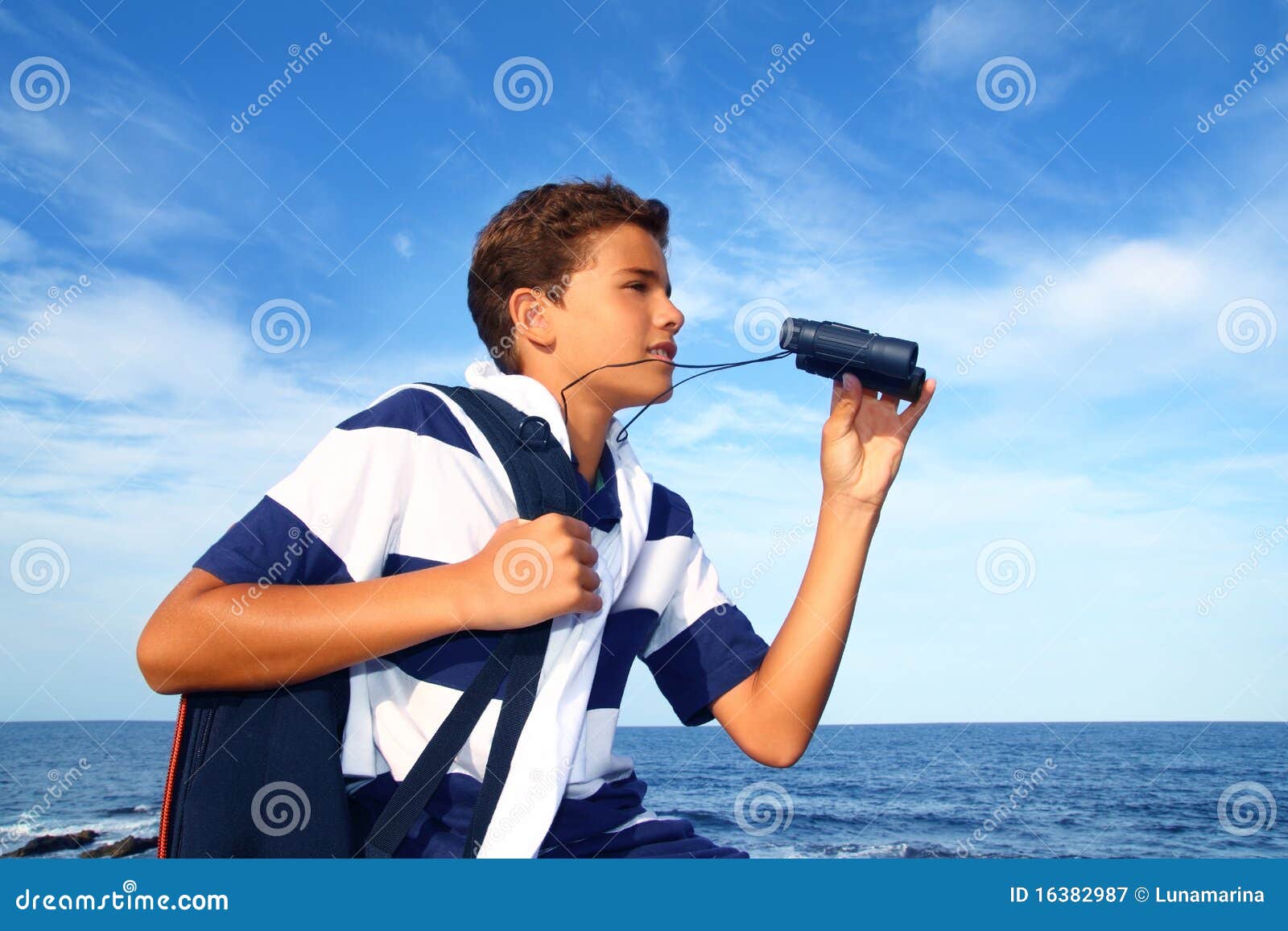 Boy Teenager Binoculars Explorer in Blue Beach Stock Image - Image of ...