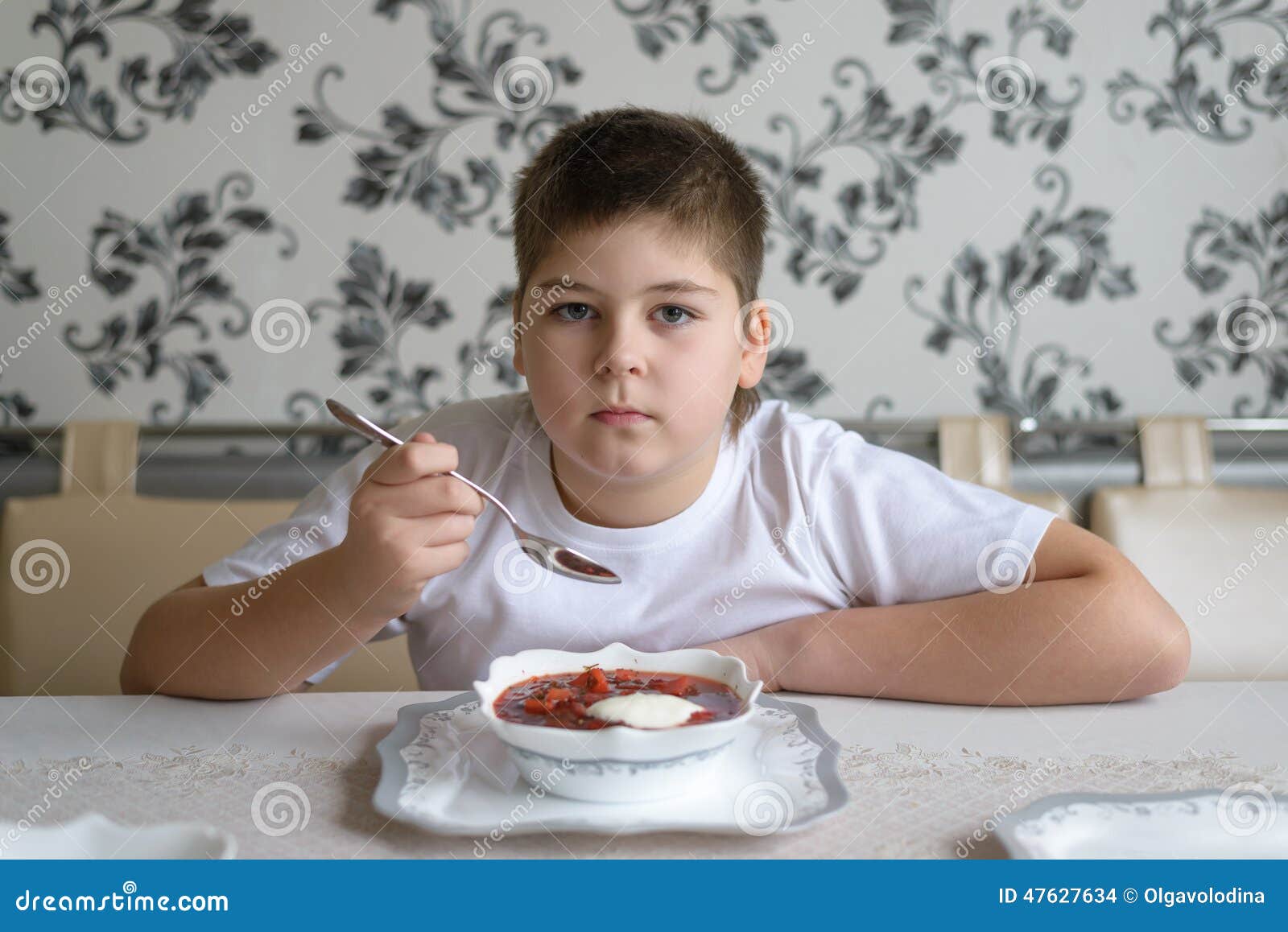 Boy Teenager Eating Soup at Kitchen Table Stock Photo - Image of fresh ...
