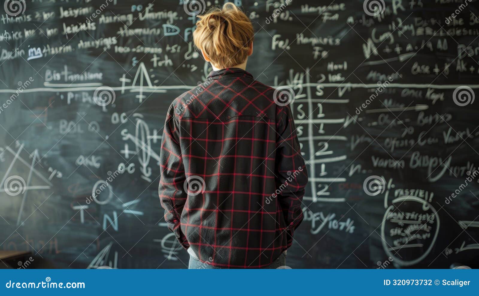 Boy Teenager Stands Against Blackboard in Class, Back of Student ...