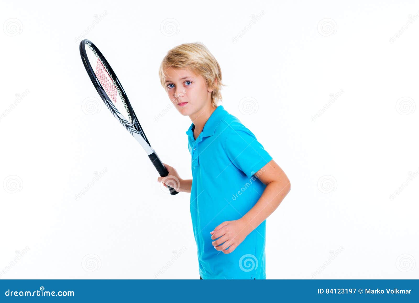 Boy with Tennis Racket in Front of White Background Stock Image - Image ...
