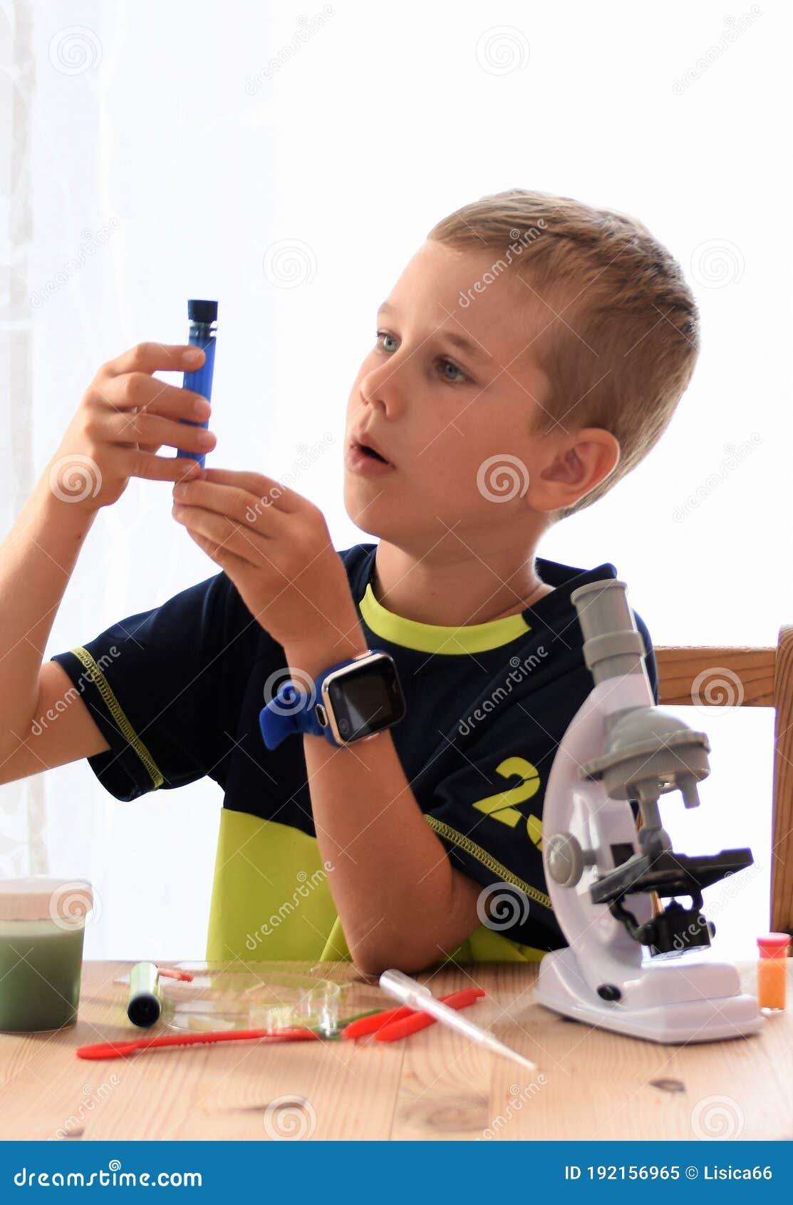 Boy with Test Tubes and Microscope Stock Image - Image of isolated ...