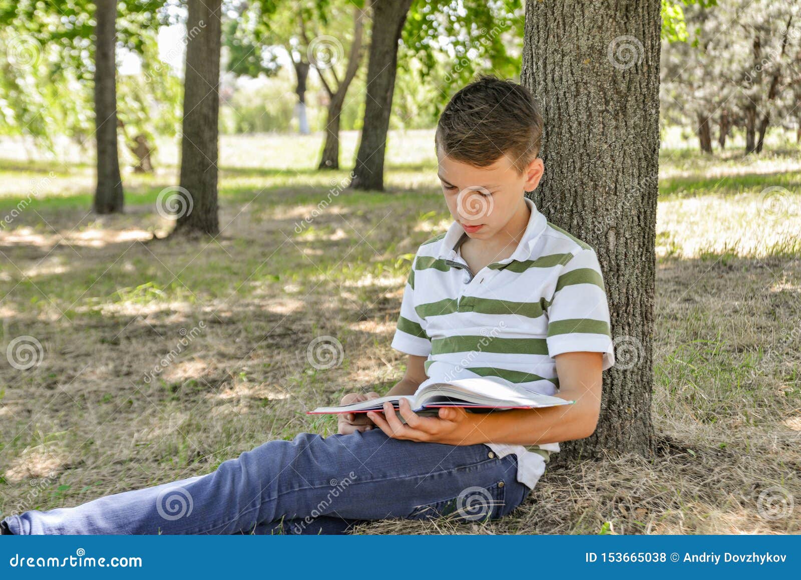 A Boy with a Textbook Under a Tree is Preparing for School Assignments ...