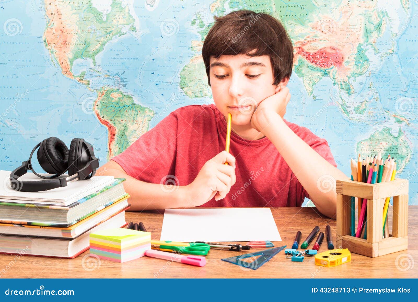 Boy Thinking about His Homework Stock Image - Image of indoors, crayon ...