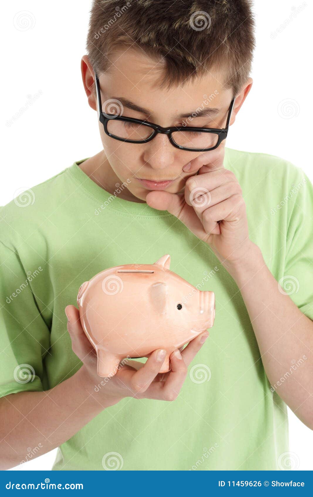 Boy Thinking with Money Box - Savings, Money Stock Photo - Image of ...