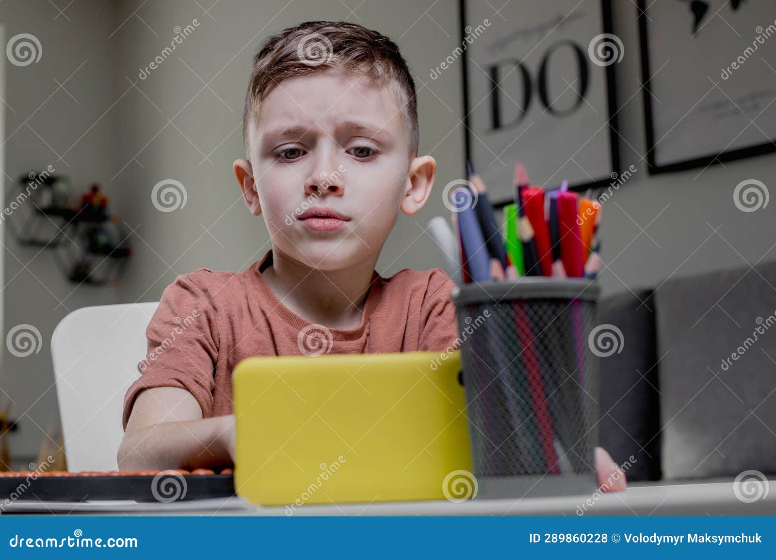 Boy is Thinking about Solving the Problem. Mental Arithmetic Stock ...