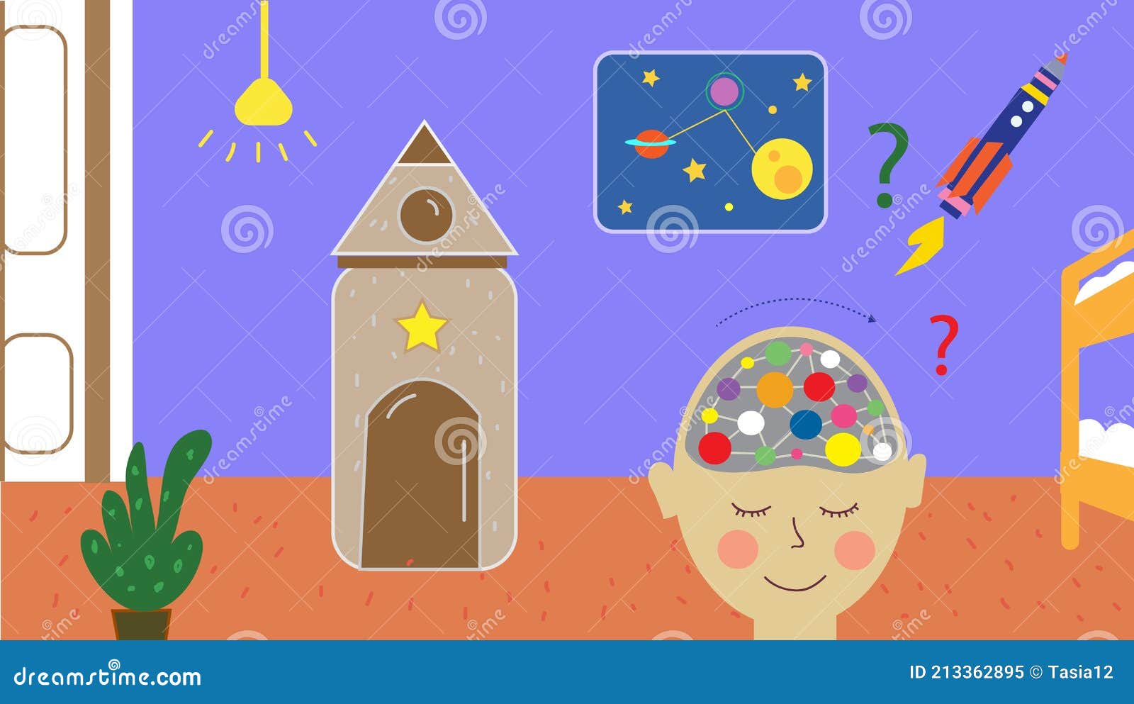 Boy Thinking about Space in His Room and Creating a Rocket Illustration ...