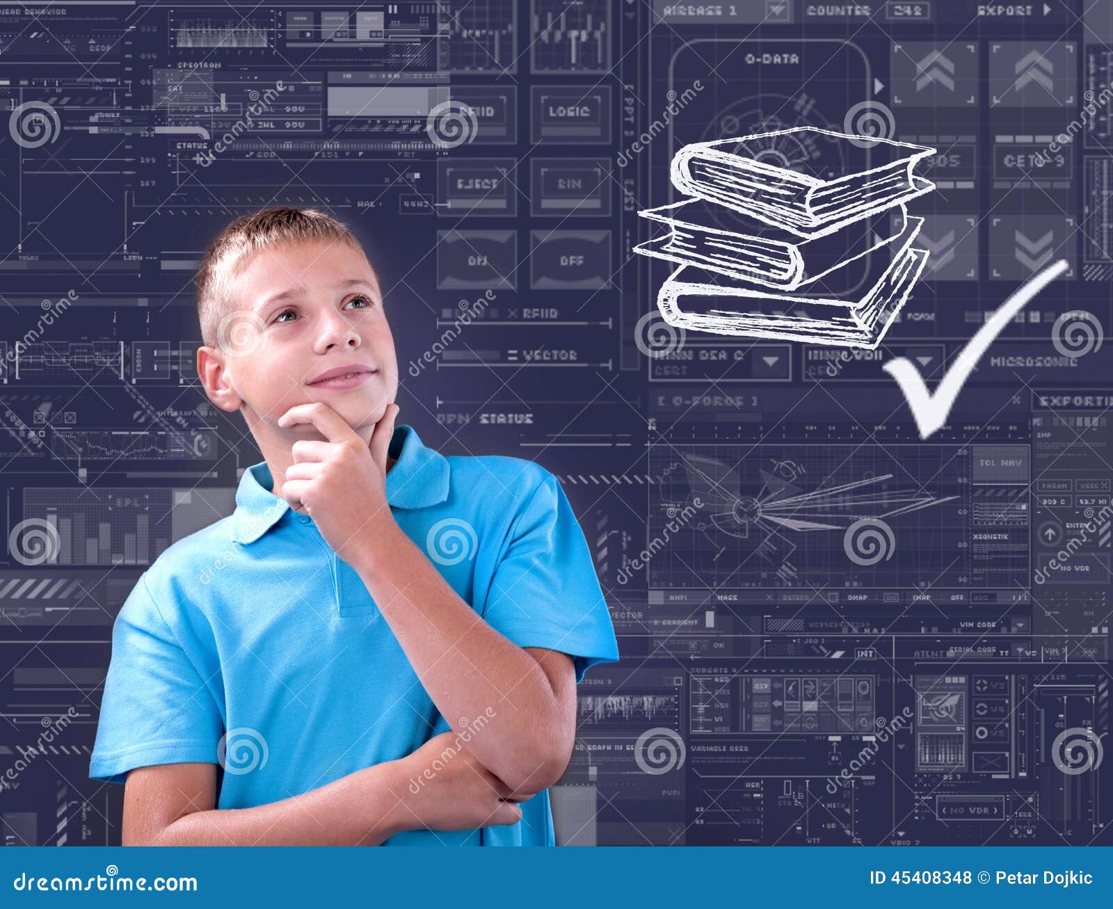 Boy Thinks of His Future, Technology and School Concept Stock Photo ...
